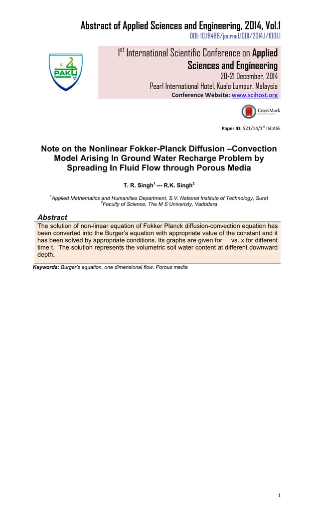 Note on the Nonlinear Fokker-Planck Diffusion –Convection Model Arising In Ground Water Recharge ...