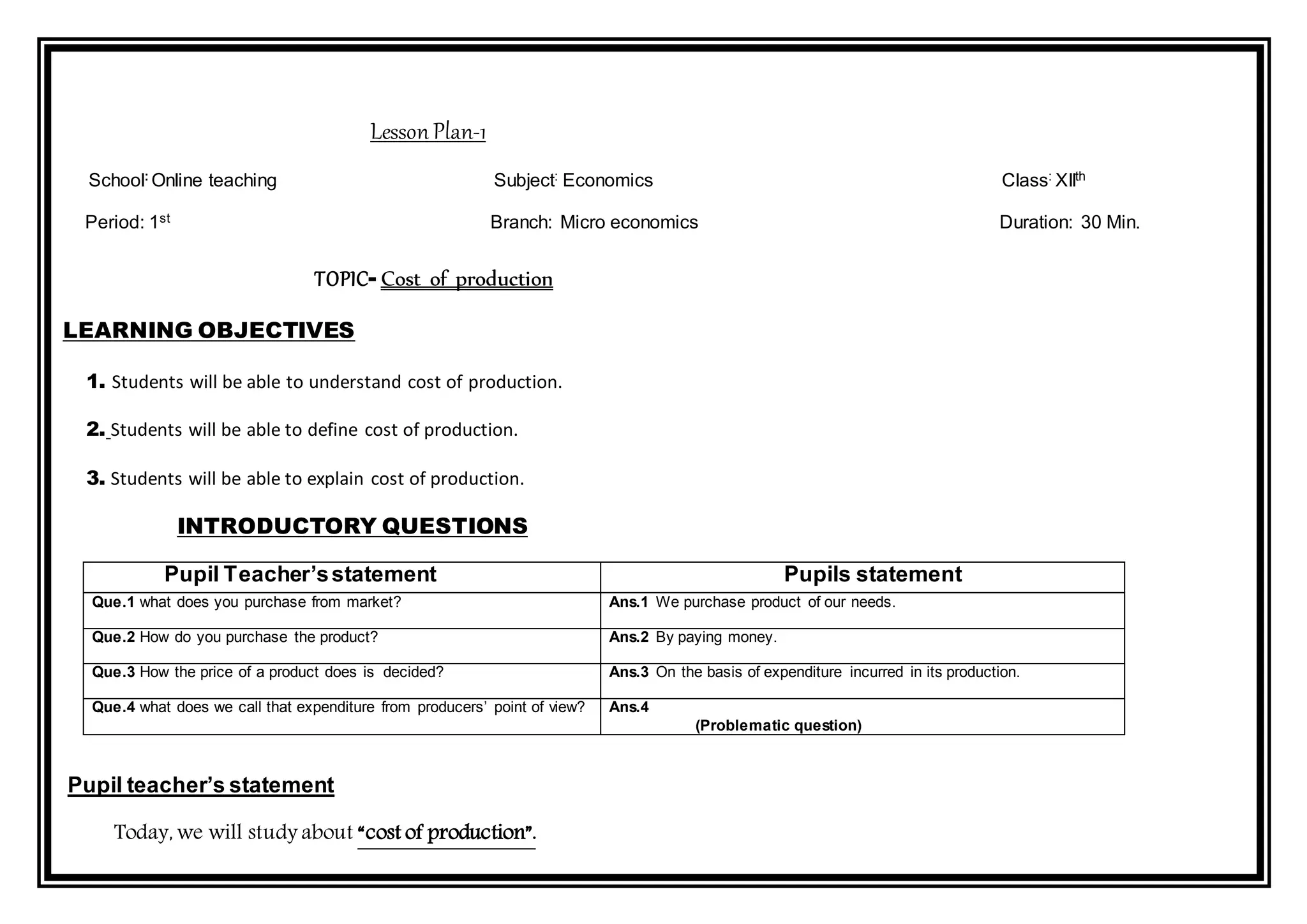 lesson plan for online teaching on cost of production | DOCX