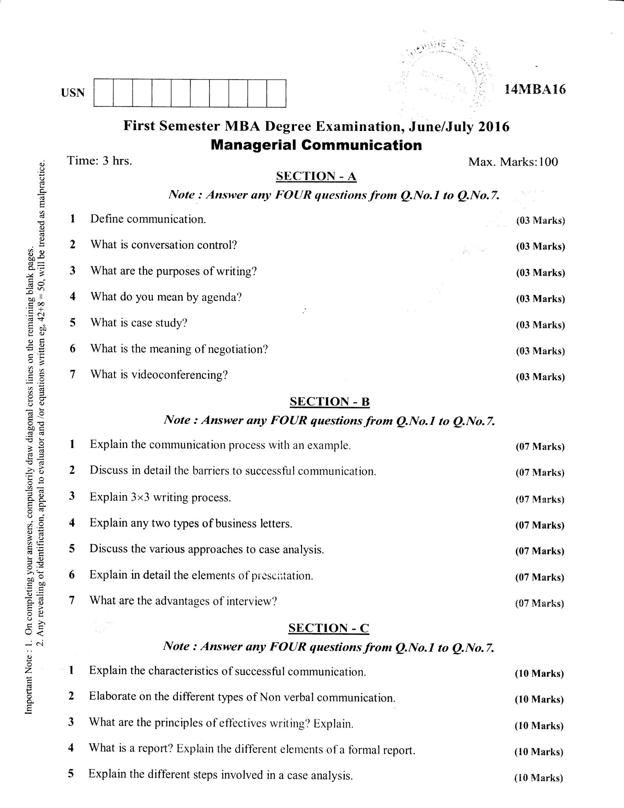 1st Semester MBA (Jun-2016) Question Papers | PDF