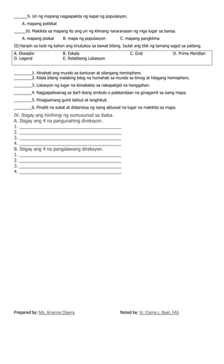 Unang Markahang Pagsusulit sa Araling Panlipunan grade 4 | DOCX