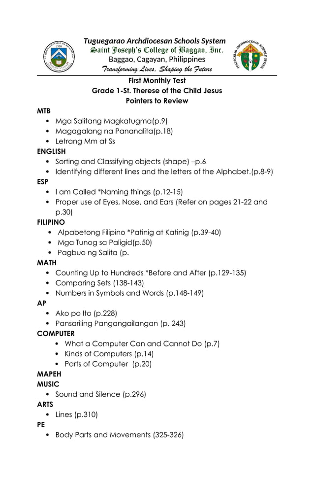 Grade 1 First Monthly Test All subjects. docx | DOCX
