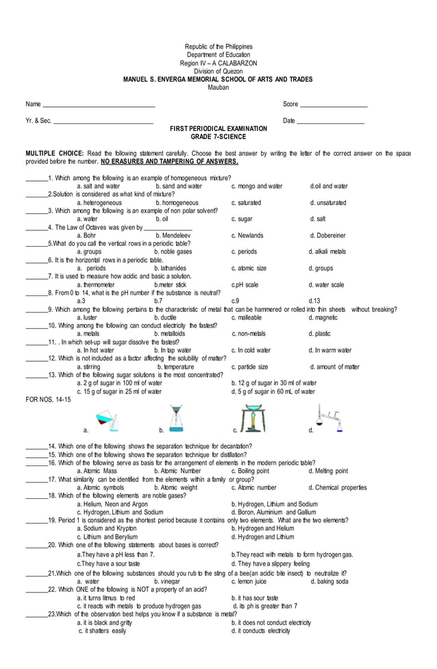 1st periodical test for g7 | DOCX | Chemistry | Science