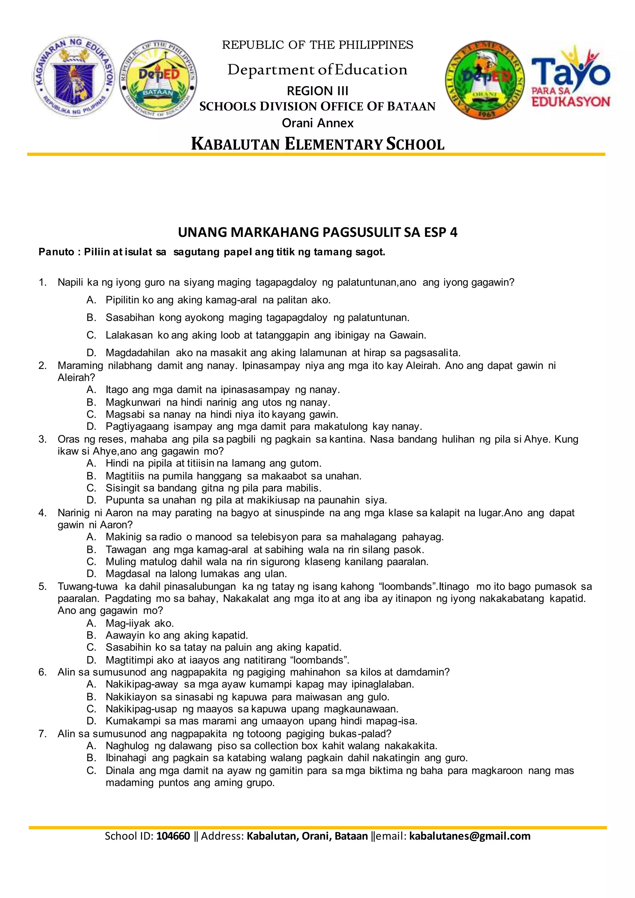 1 st periodical test in esp with tos | DOCX