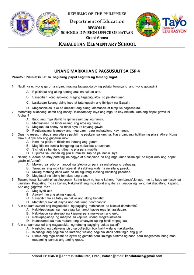 1 st periodical test in esp with tos | PDF