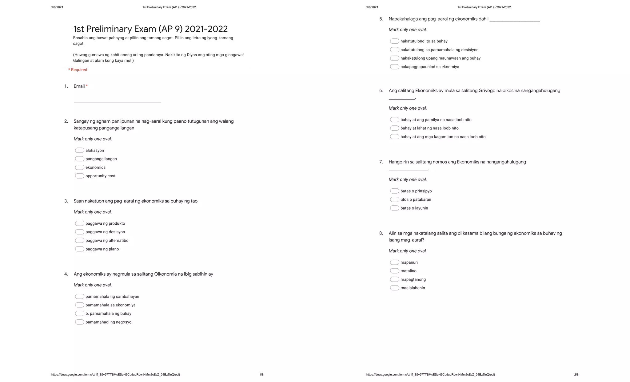1st preliminary exam (ap 9) google forms | PPT