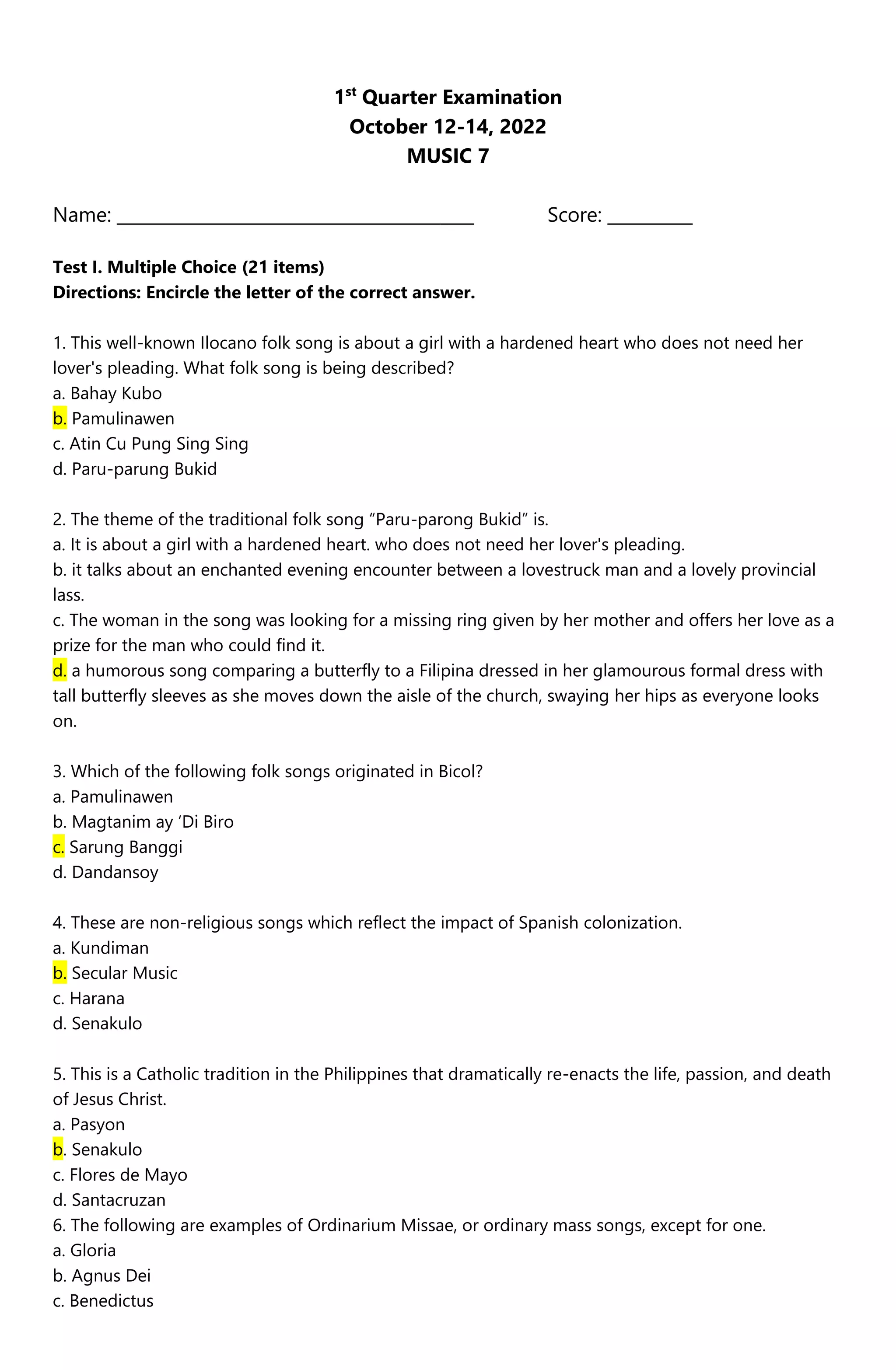 1st Q. Exam Grade 7 - English, Computer, MAPEH & ESP | DOCX