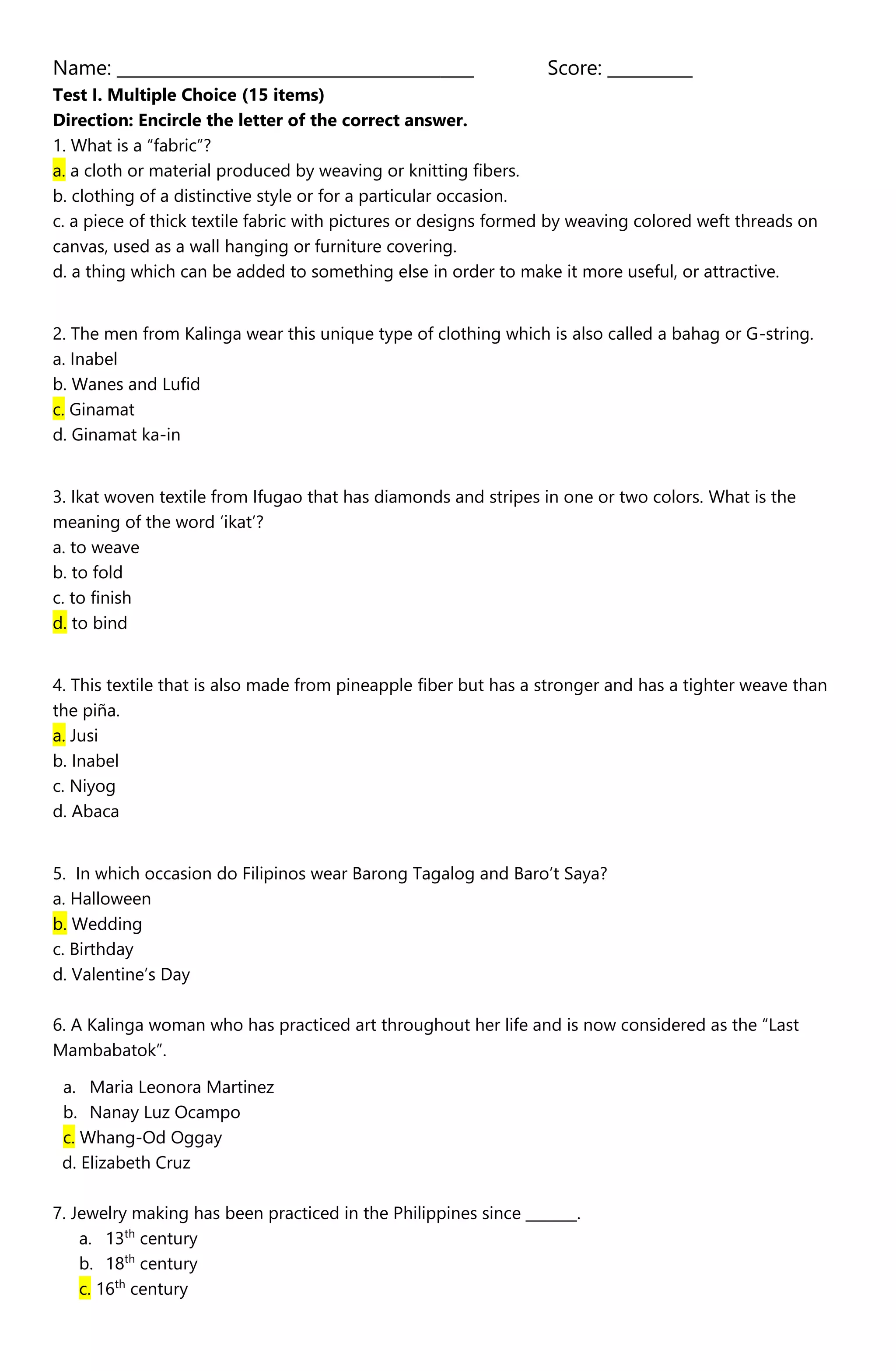 1st Q. Exam Grade 7 - English, Computer, MAPEH & ESP | DOCX