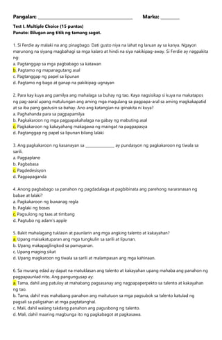 1st Q. Exam Grade 7 - English, Computer, MAPEH & ESP | DOCX
