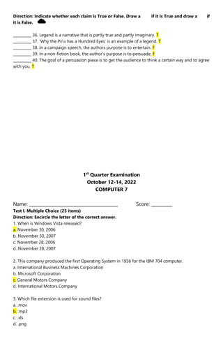 1st Q. Exam Grade 7 - English, Computer, MAPEH & ESP | DOCX