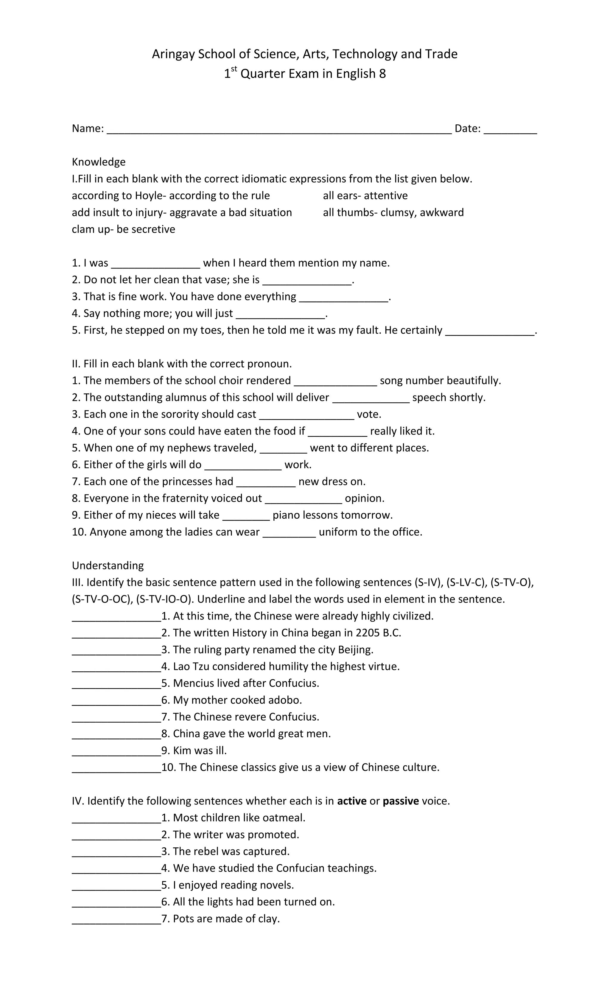 1st quarter exam english 8 | DOCX