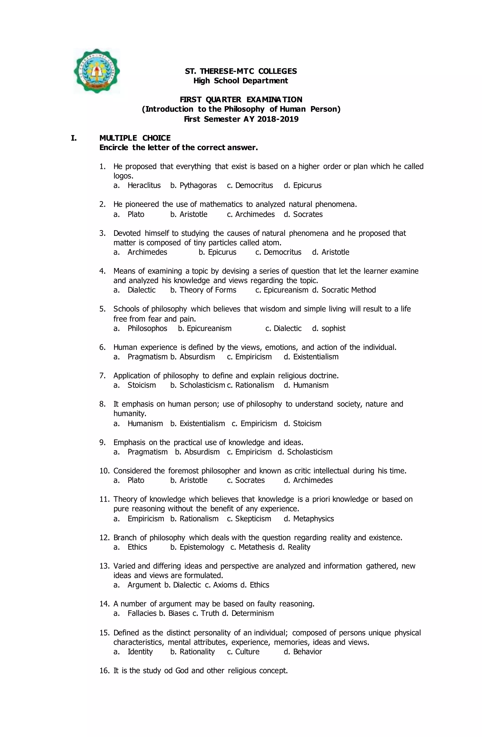 1st quarter exam | DOCX