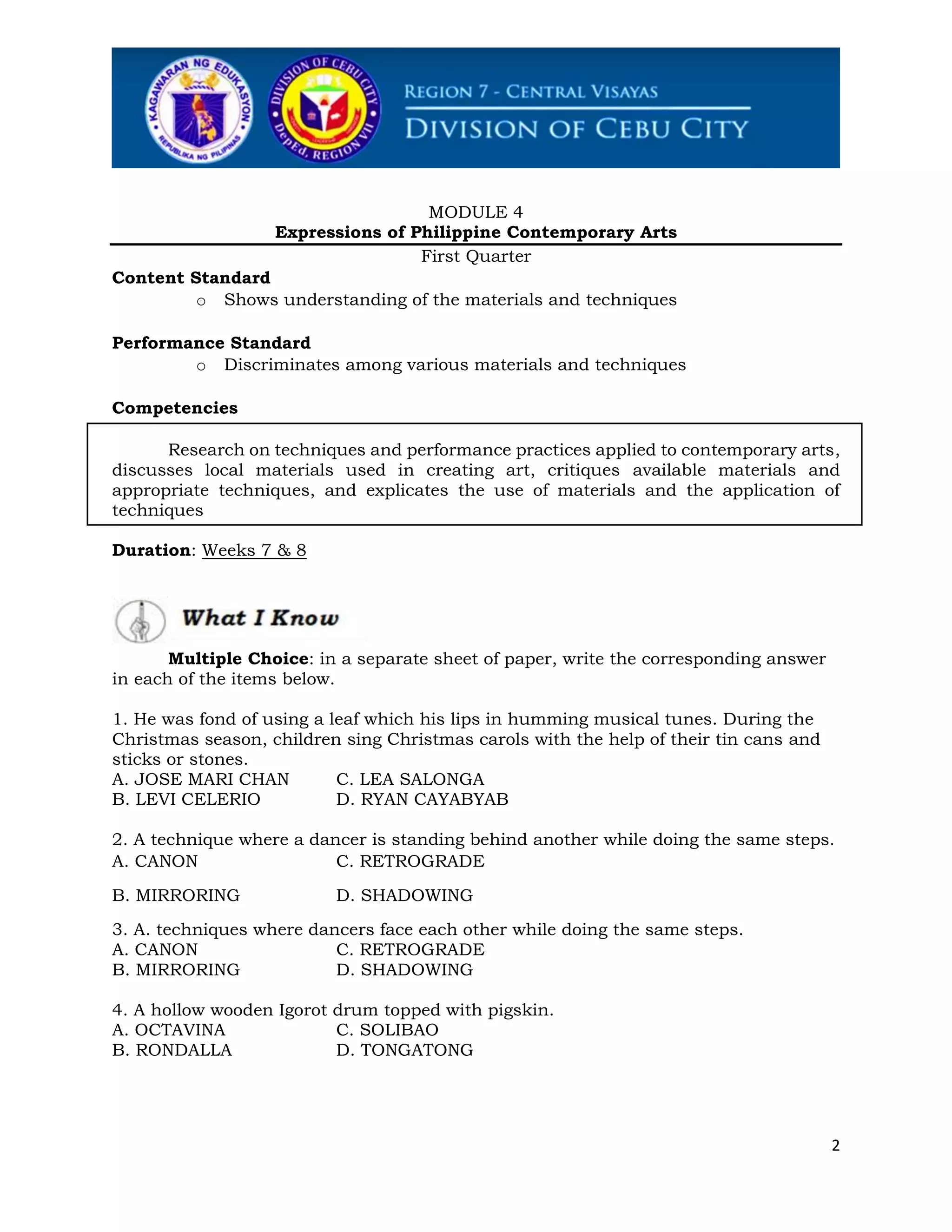 1st Quarter MODULE 4 on CONTEMPORARY PHILIPPINE ARTS from the REGIONS ...