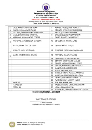 Masterlist of Learners for SY 2026-2027 at Pasay City National High ...