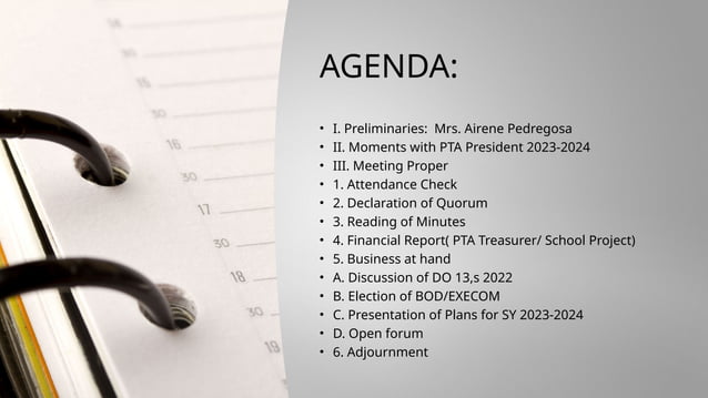 1st SPTA Meeting 2024.this slides shows the agenda for the PTA meeting ...