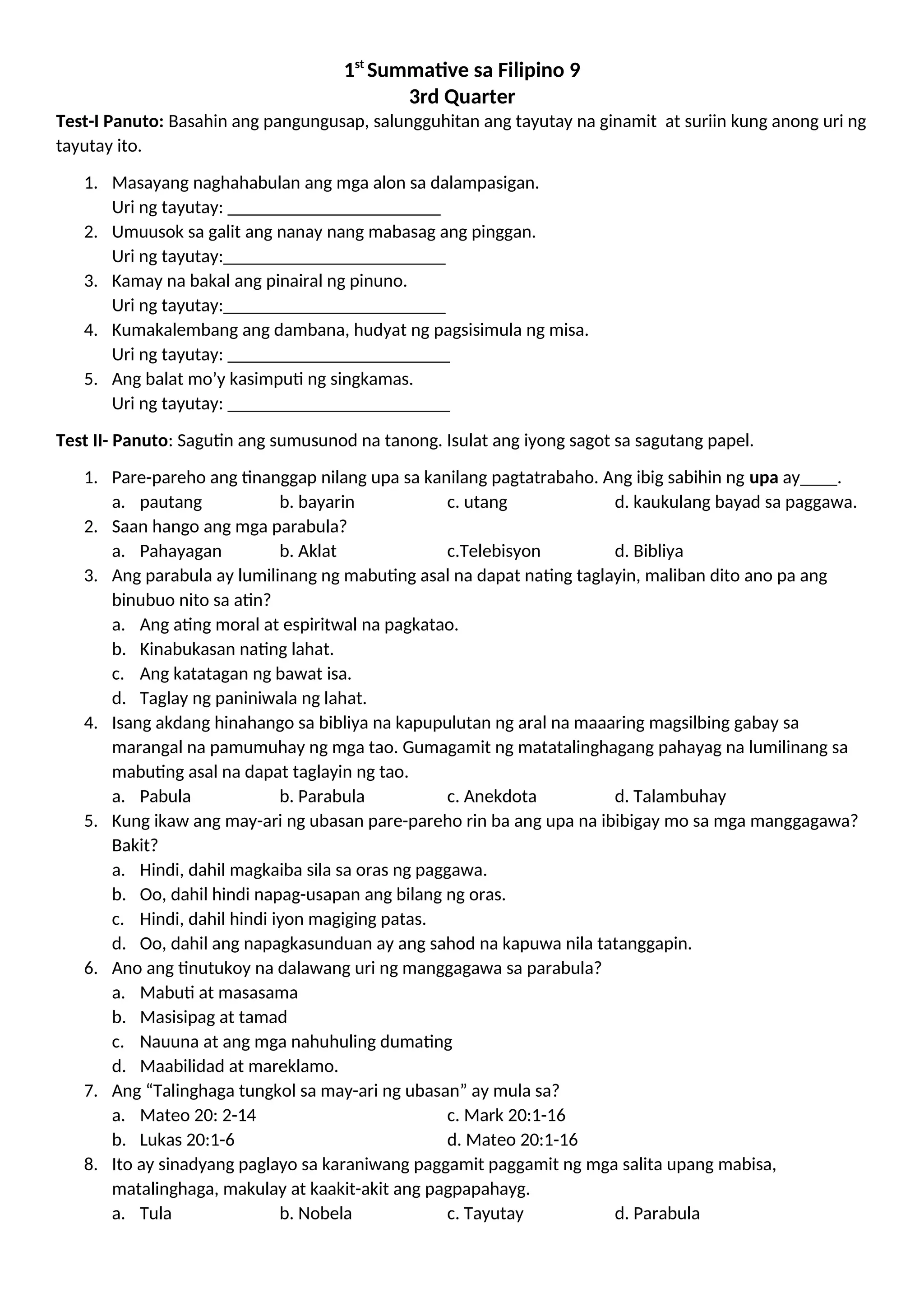 1st Summative sa Filipino 9 3rd quarter grade 9 level | PDF