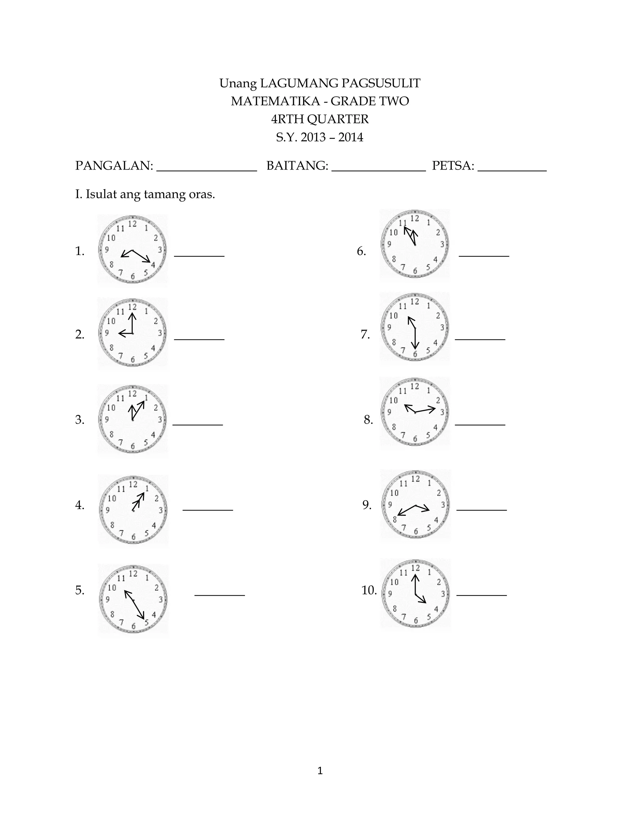K to 12 Mathematics Grade 2 (4th Quarter 1st Summative Test) | PDF