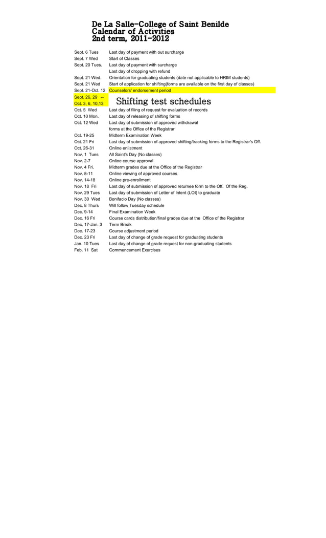 1 st term 2011 2012 calendar of activities | PDF