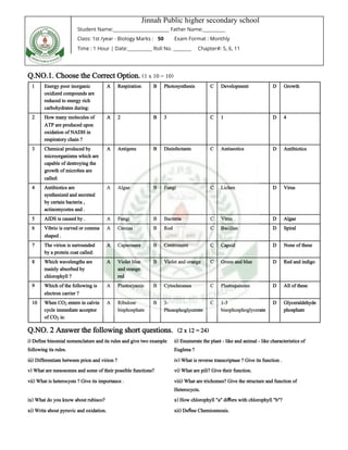 1st year Biology Ch.5+6+11 biology short test for the preparation of ...