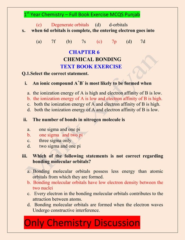 First Year Chemistry_Full Book Exercise Mcqs Solved | PDF | Chemistry | Science