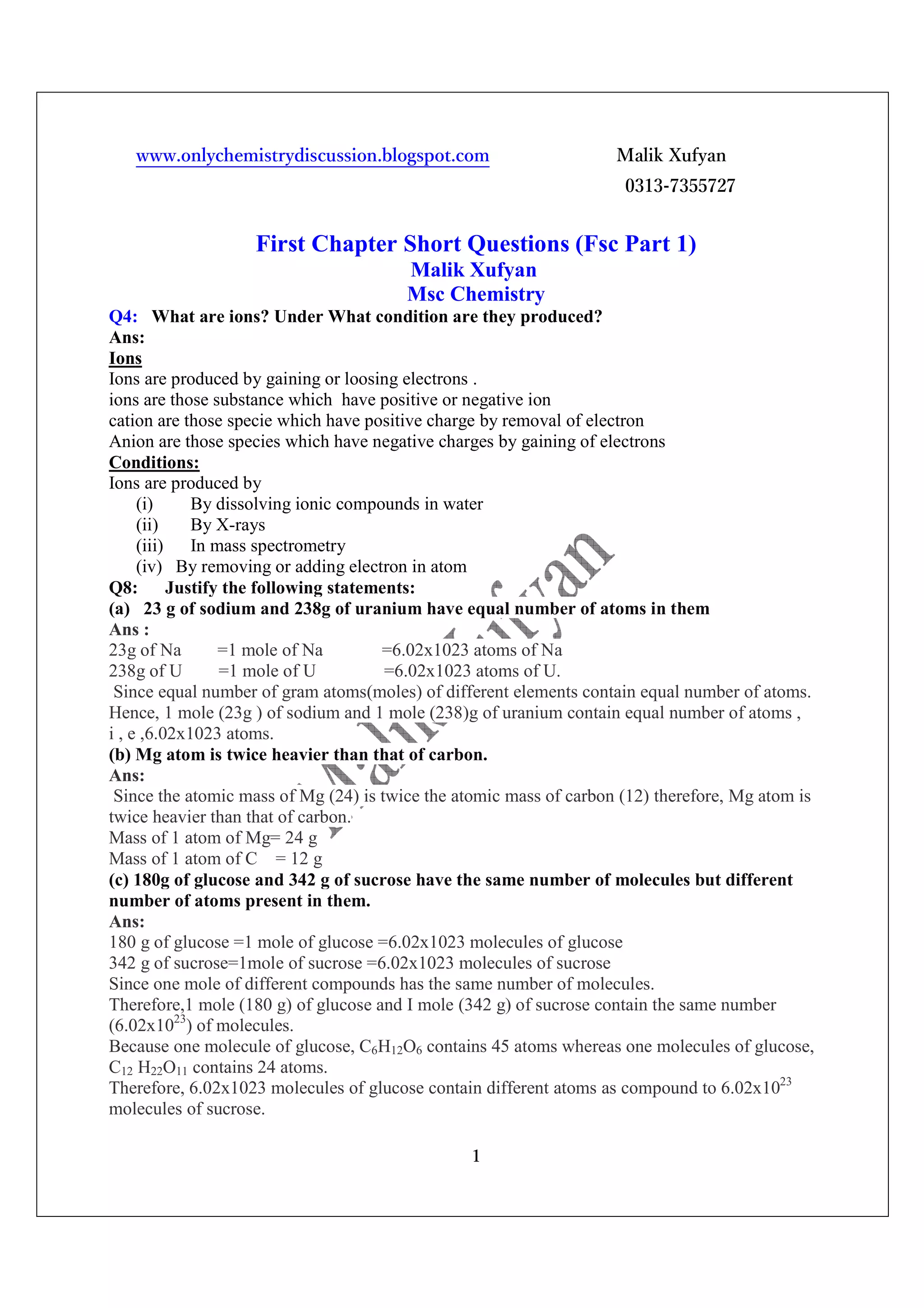 1st year chemistry full book short question ans | PDF