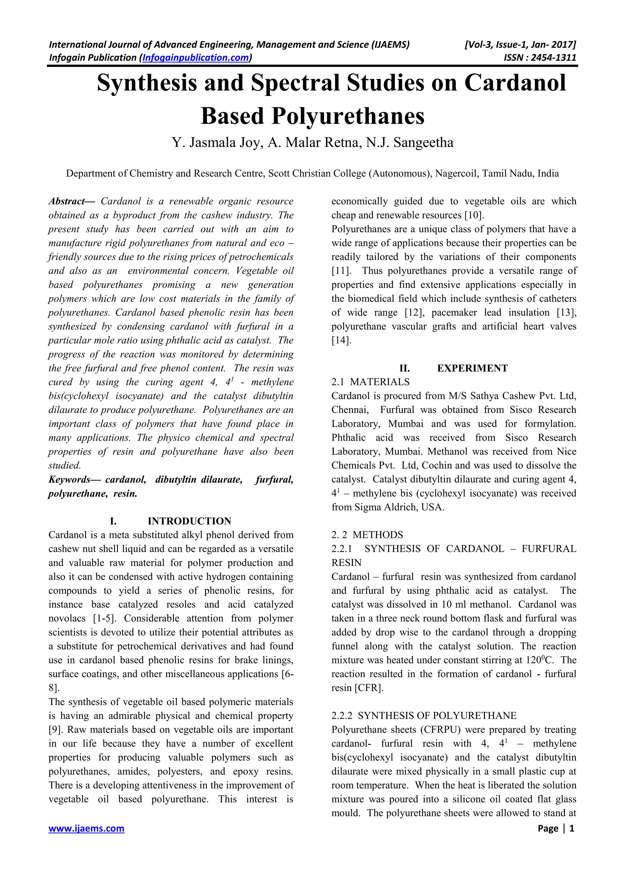 synthesis and spectral studies on cardanol based polyurethanes | PDF