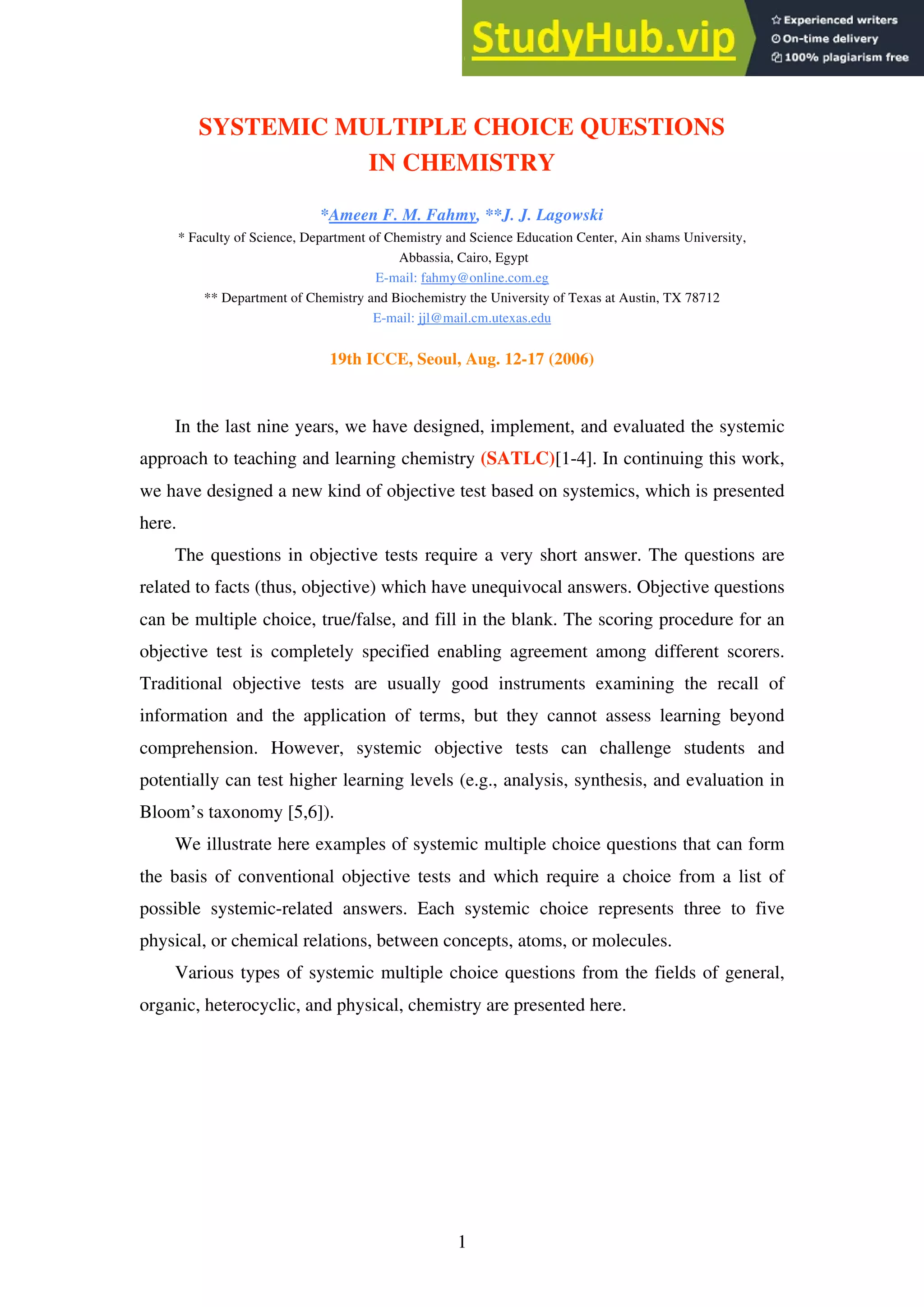 1 Systemic Multiple Choice Questions In Chemistry | PDF