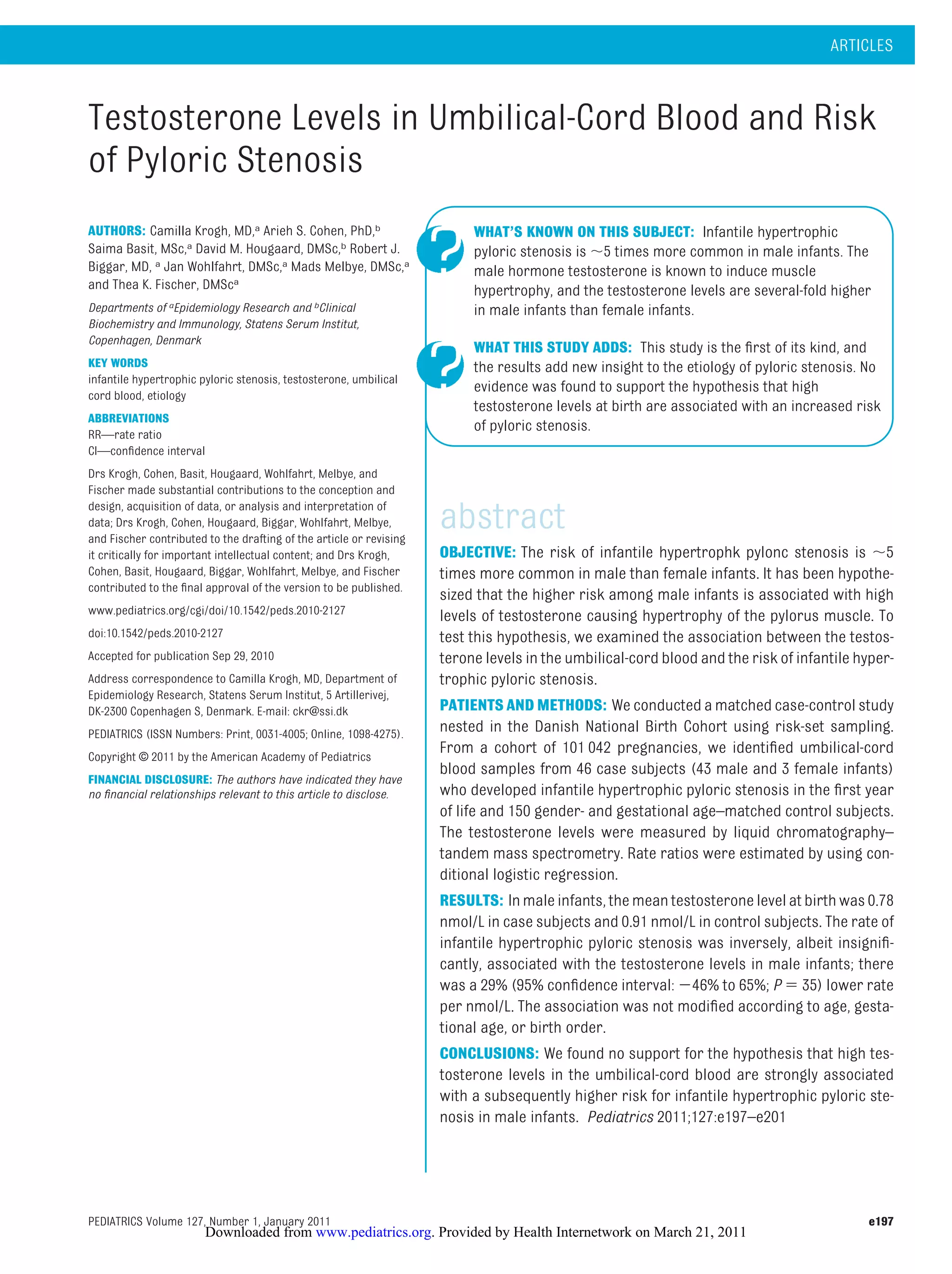 1 testosterone levels in umbilical cord blood and risk of pyloric ...
