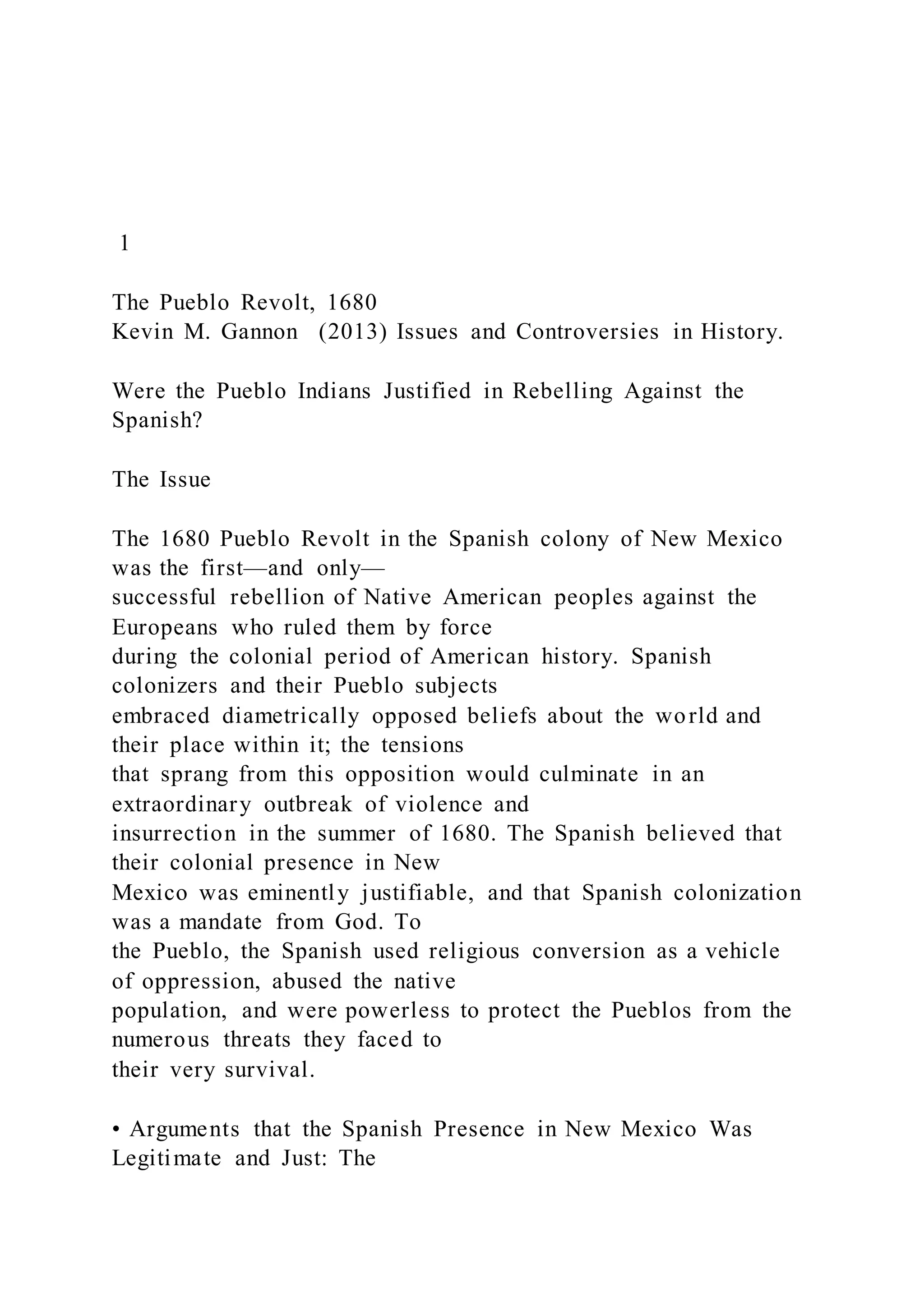 1 the pueblo revolt, 1680 kevin m. gannon (2013) issue | DOCX