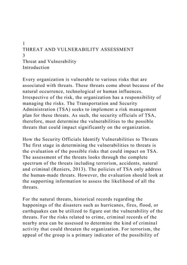 1THREAT AND VULNERABILITY ASSESSMENT .docx