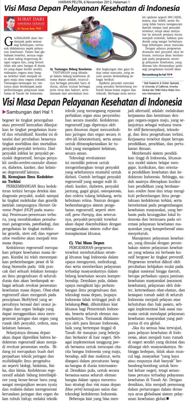 1 Visi Masa Depan Pelayanan Kesehatan Di Indonesia (Harian Pelita 6 November 2012)2 | PDF
