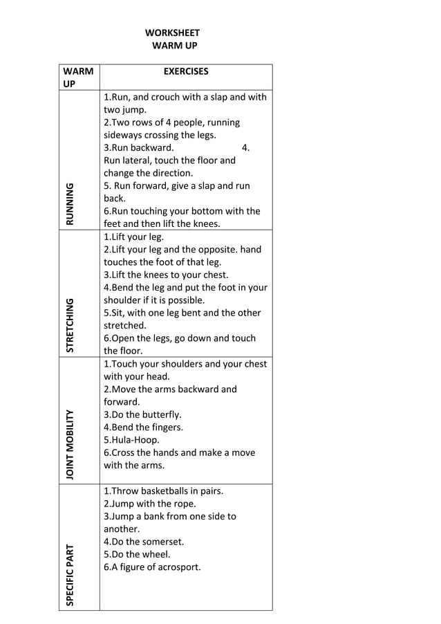 Warm up Worksheet | DOCX
