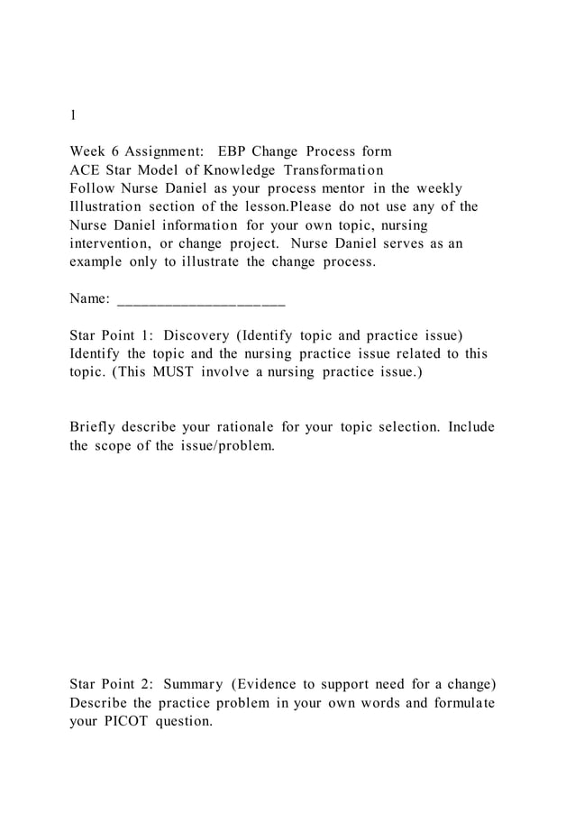 1 week 6 assignment ebp change process formace star model o | DOCX