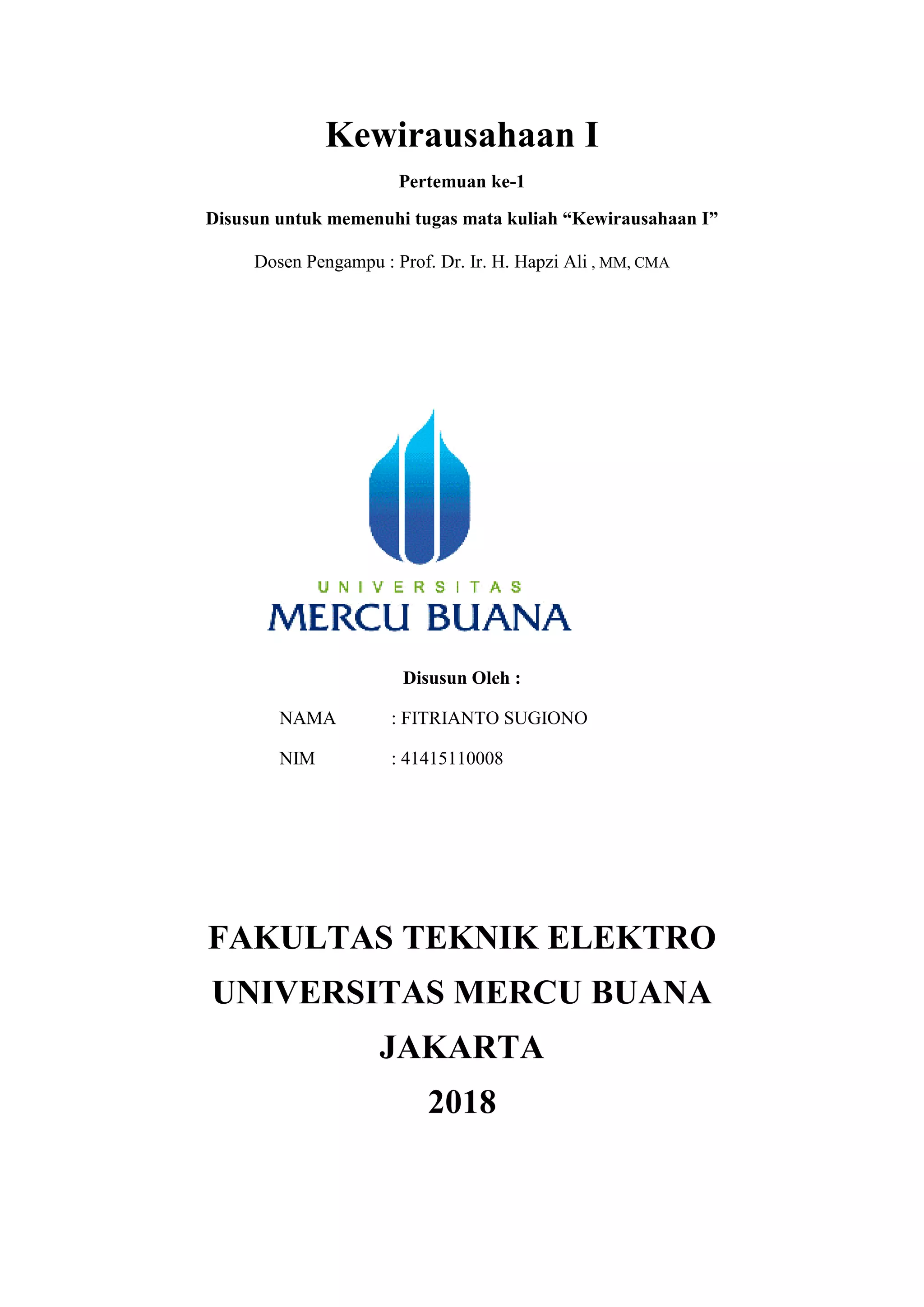 1, wira usaha,fitrianto, hapzi, ali, enterpreneurship, universitas mercu buana, 2018.pdf | Free ...
