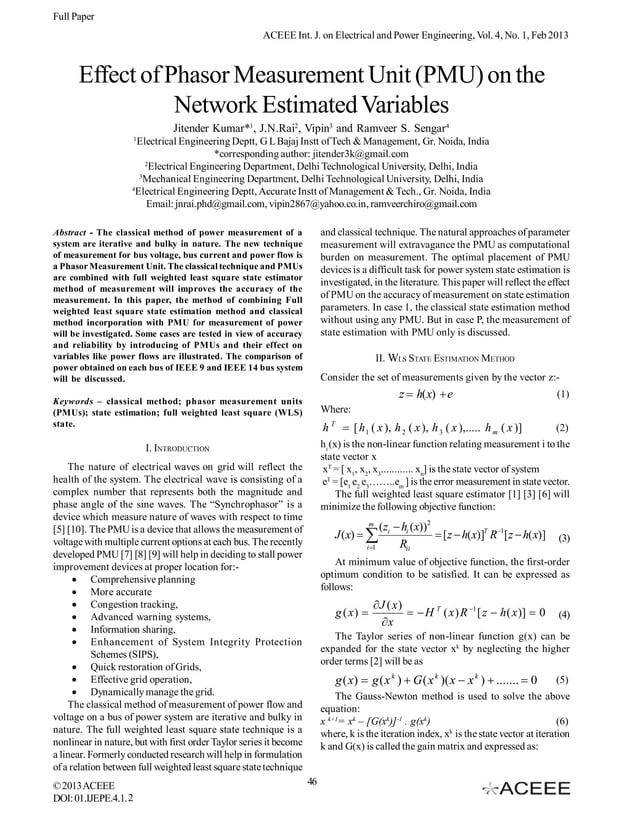 Effect of Phasor Measurement Unit (PMU) on the Network Estimated Variables | PDF | Computer ...
