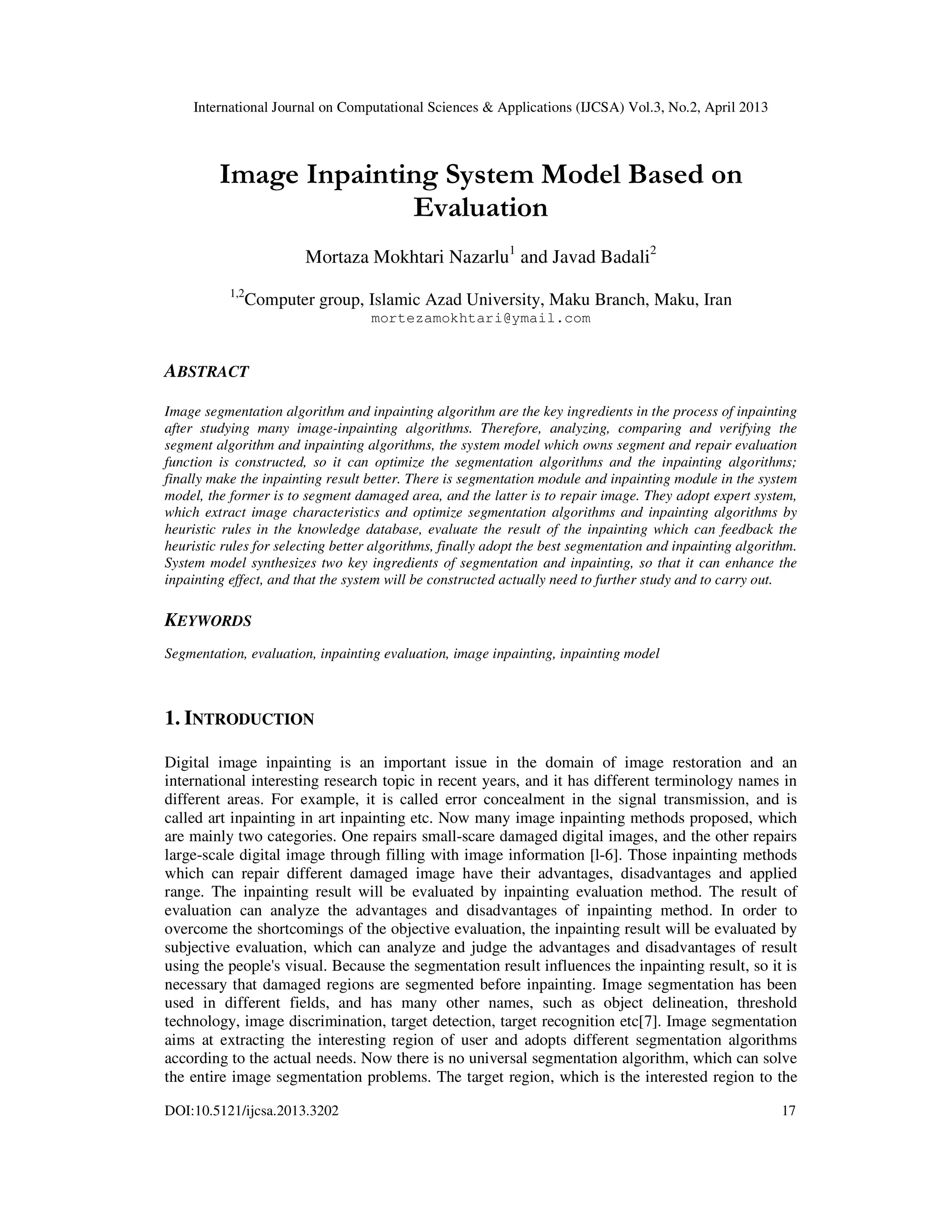 Image Inpainting System Model Based on Evaluation | PDF