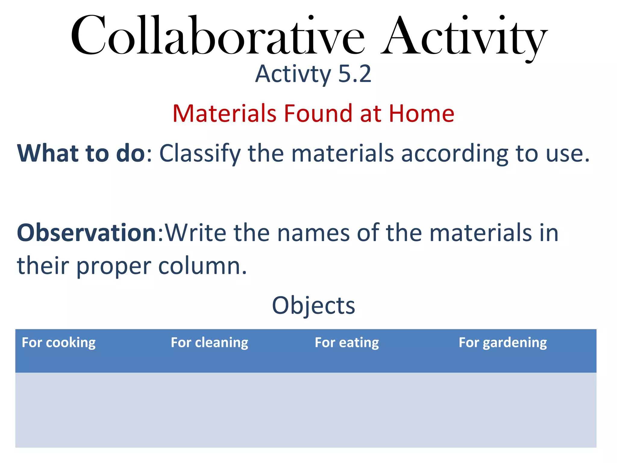 2.materials found at home according to their uses.ppt2nd | PPT