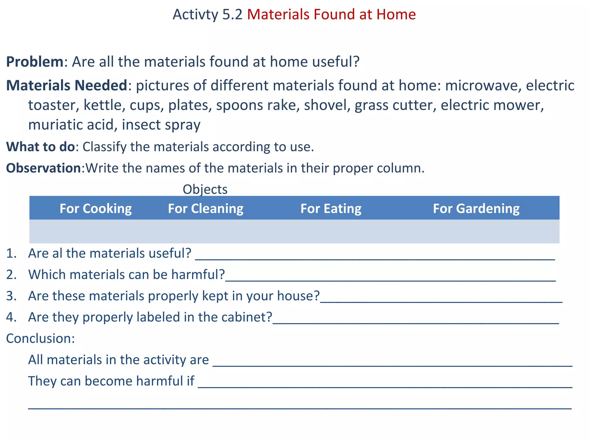 2.materials found at home according to their uses.ppt2nd | PPT