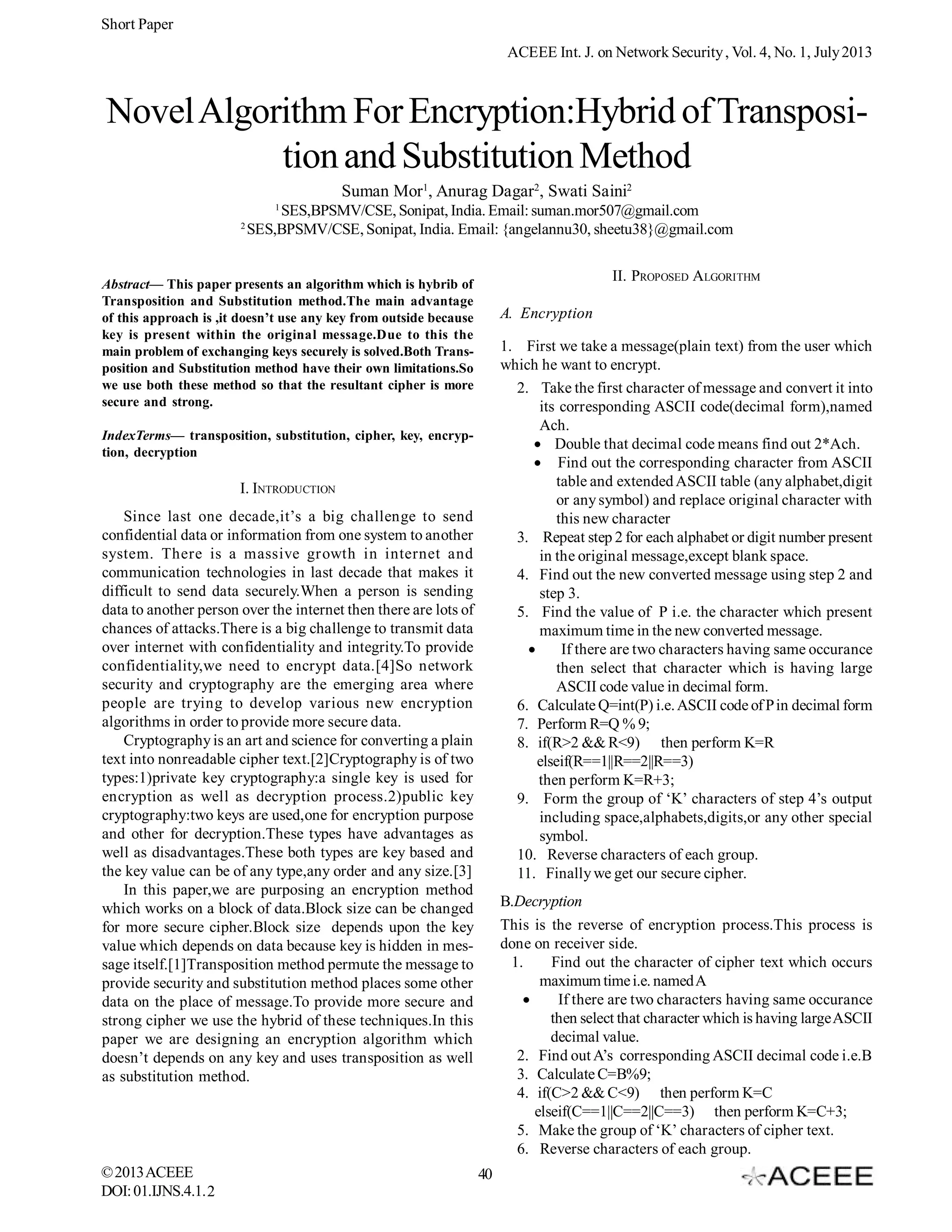 Novel Algorithm For Encryptionhybrid Of Transposition And Substitution