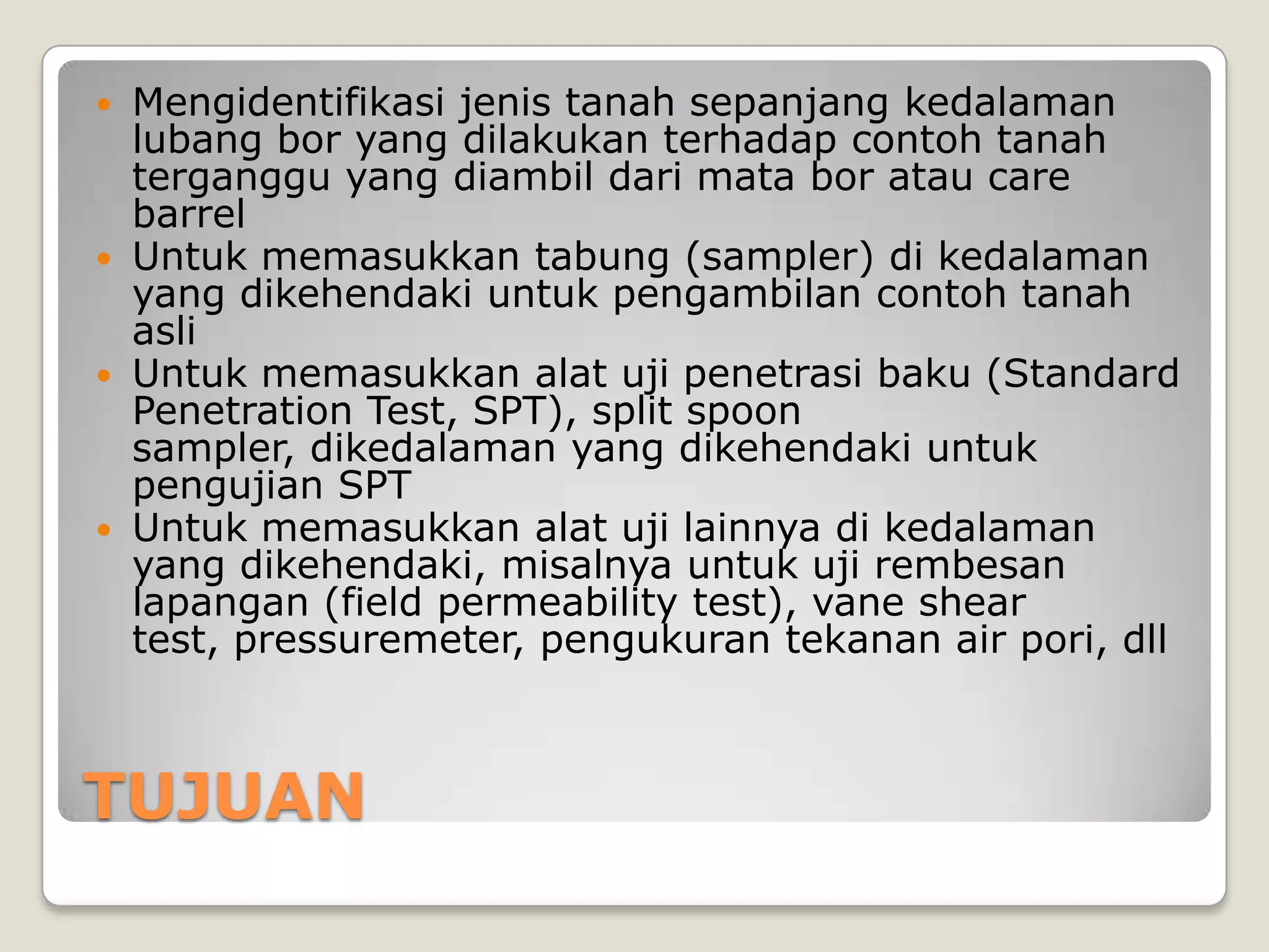 Laboratorium Uji Tanah - Soil Boring | PPTX