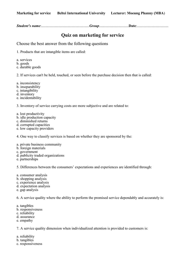 2.quiz on marketing for service | PDF