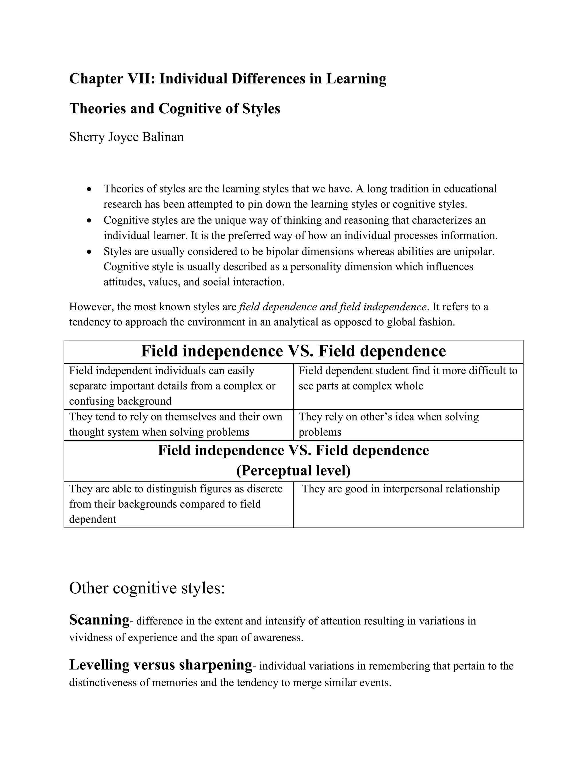 2. theoriesof styles 3. cognitive styles sherry joyce balinan | DOCX