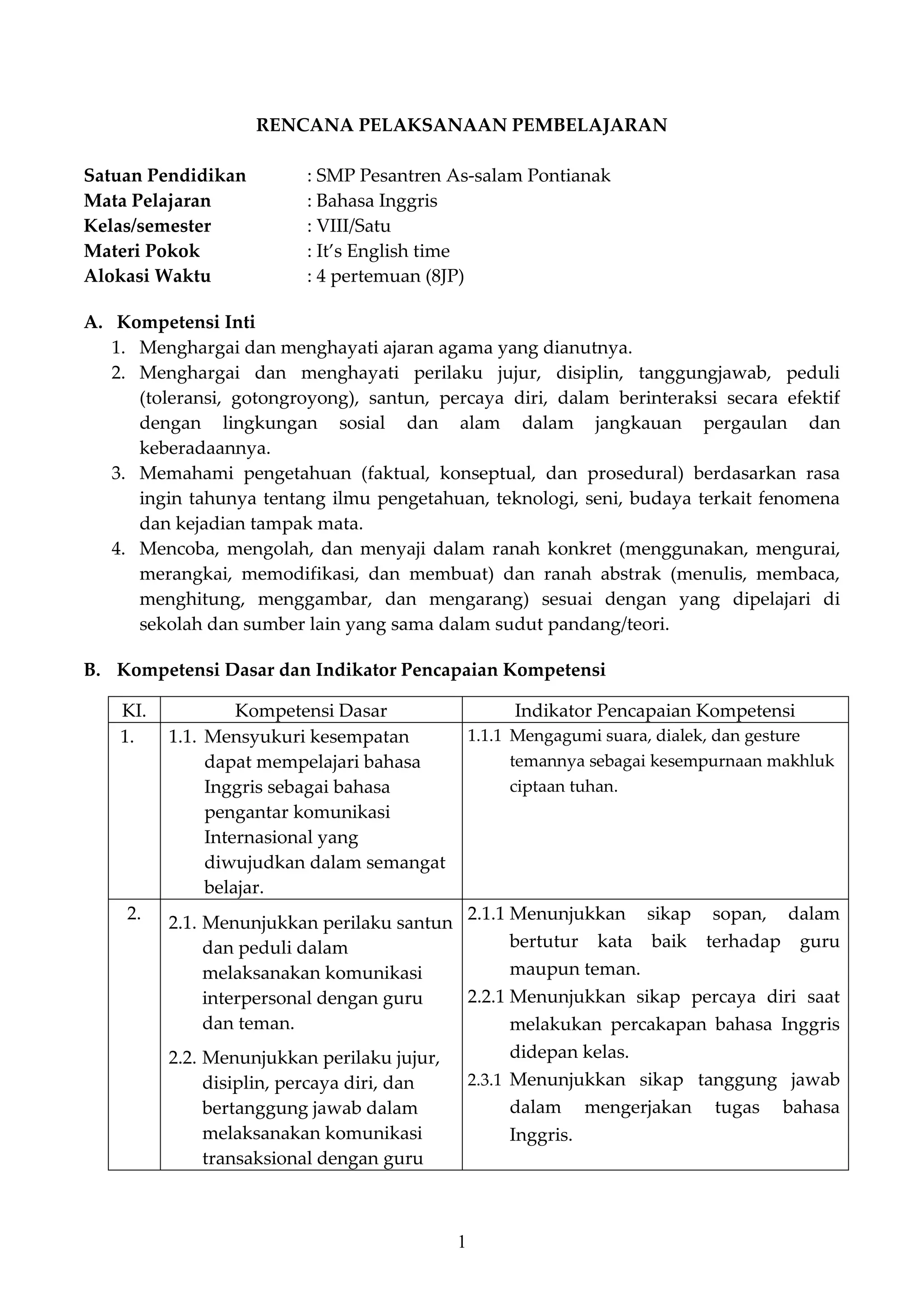 RPP bahasa Inggris kelas 8 semester 1 kurikulum 2013 (bab 1) | DOCX