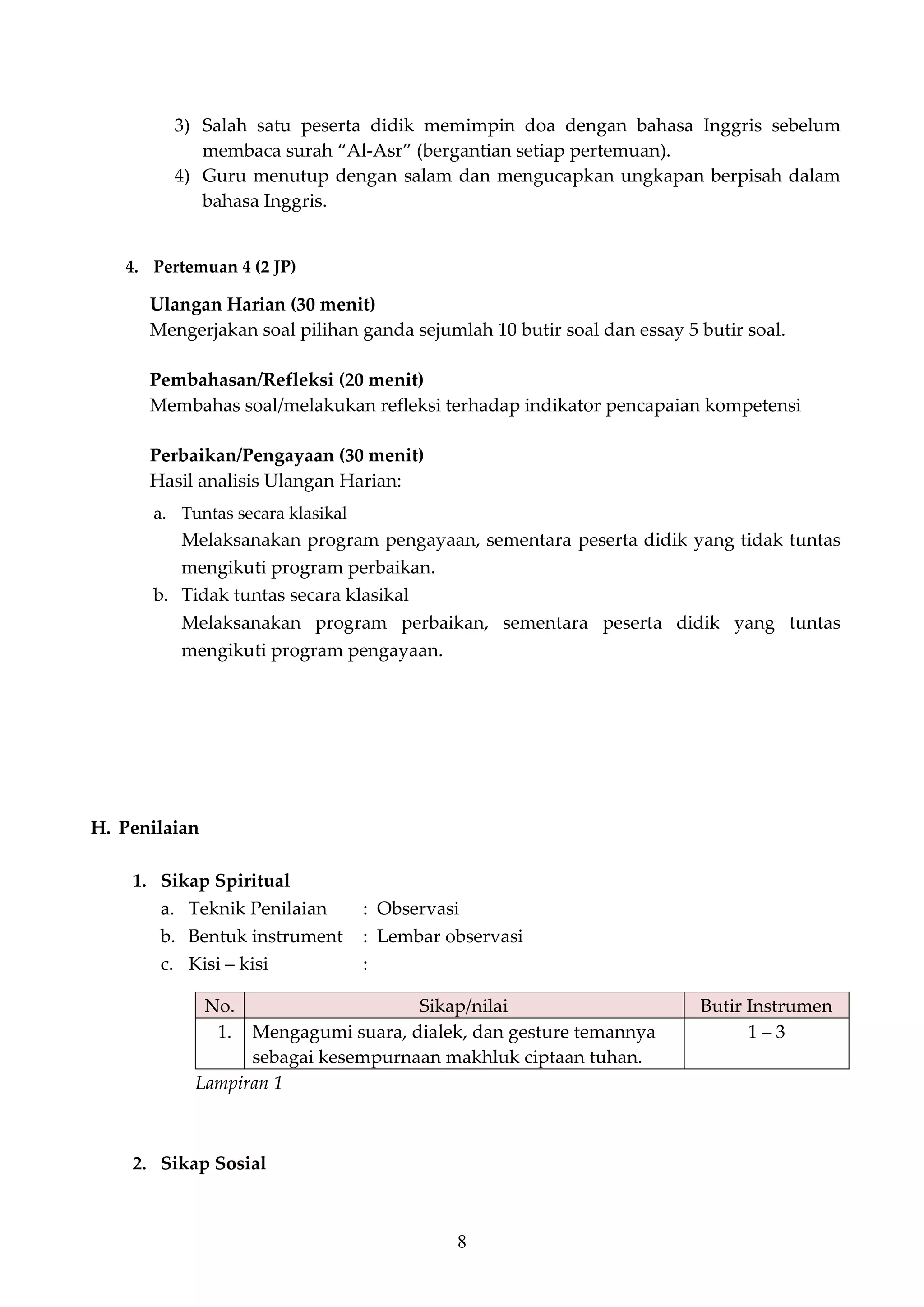RPP bahasa Inggris kelas 8 semester 1 kurikulum 2013 (bab 1) | DOCX