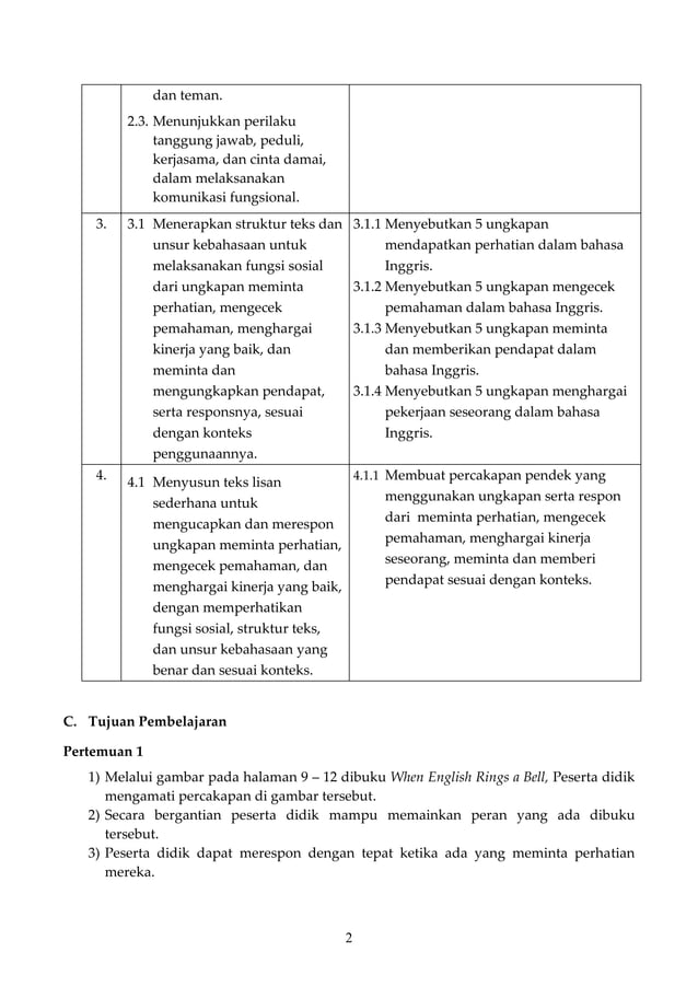 RPP bahasa Inggris kelas 8 semester 1 kurikulum 2013 (bab 1) | PDF