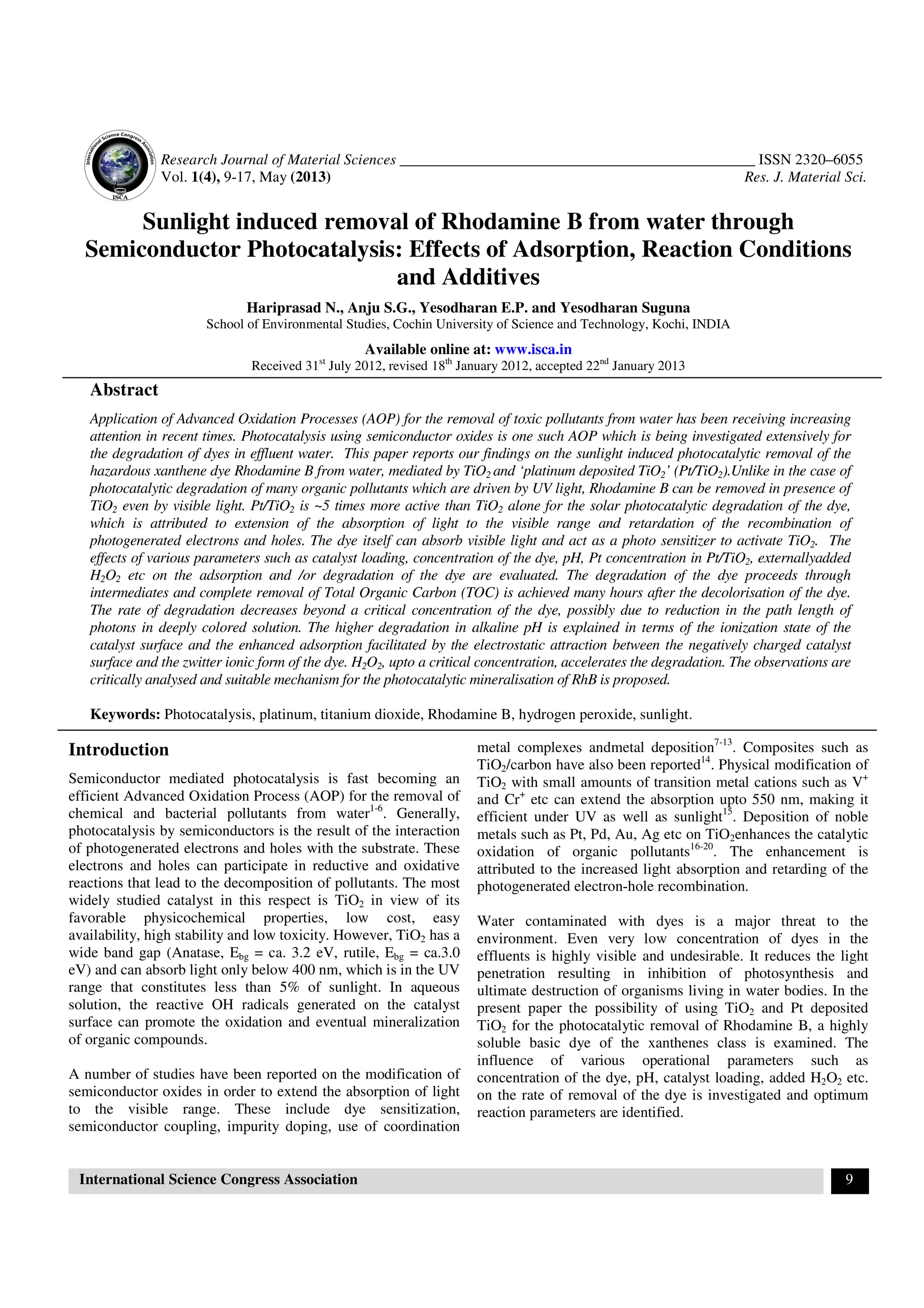 Sunlight induced removal of Rhodamine B from water through ...