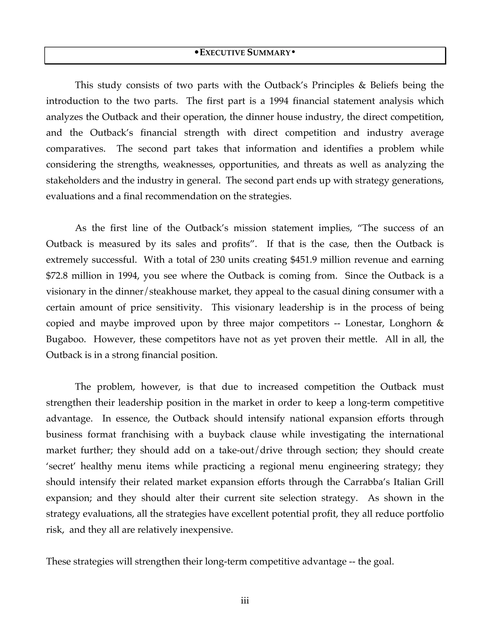 Outback Strategic Study & Financial Analysis: 1995 | PDF