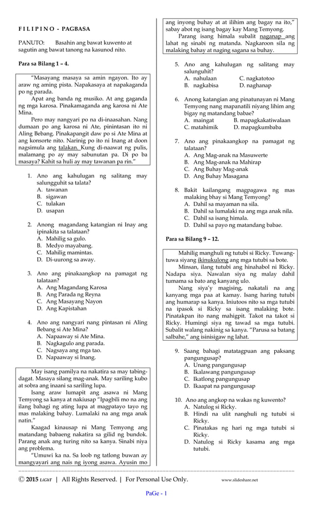 K to 12 Grade 3 FILIPINO PAGBASA NAT (National Achievement Test ...