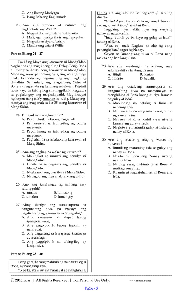 K to 12 Grade 3 FILIPINO PAGBASA NAT (National Achievement Test ...