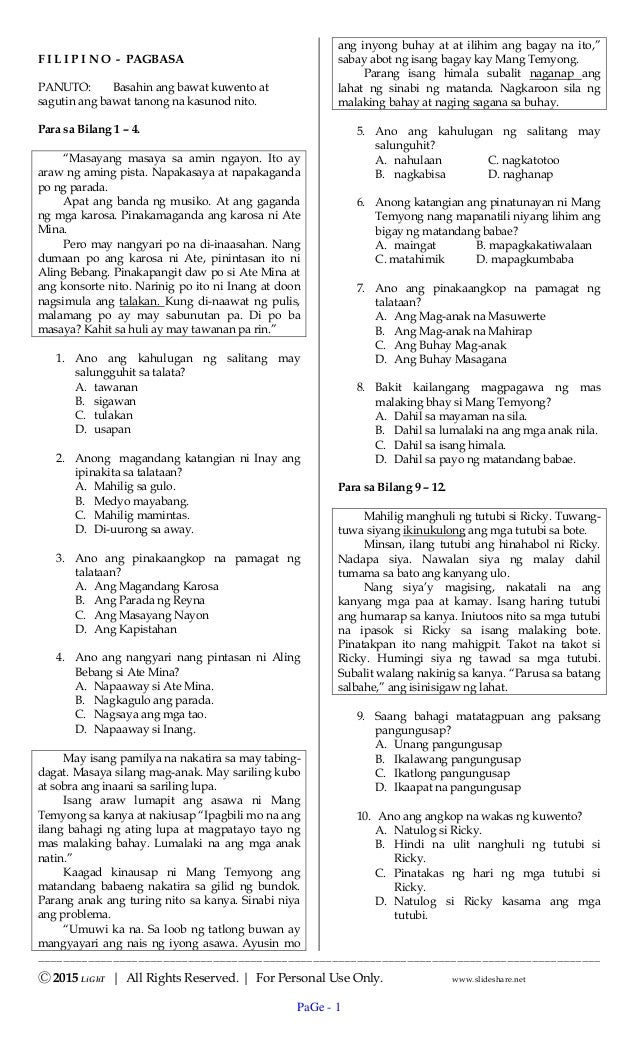 K To 12 Grade 3 FILIPINO PAGBASA NAT National Achievement Test Rev K To 12 Grade 3 FILIPINO PAGBASA NAT National Achievement Test Rev