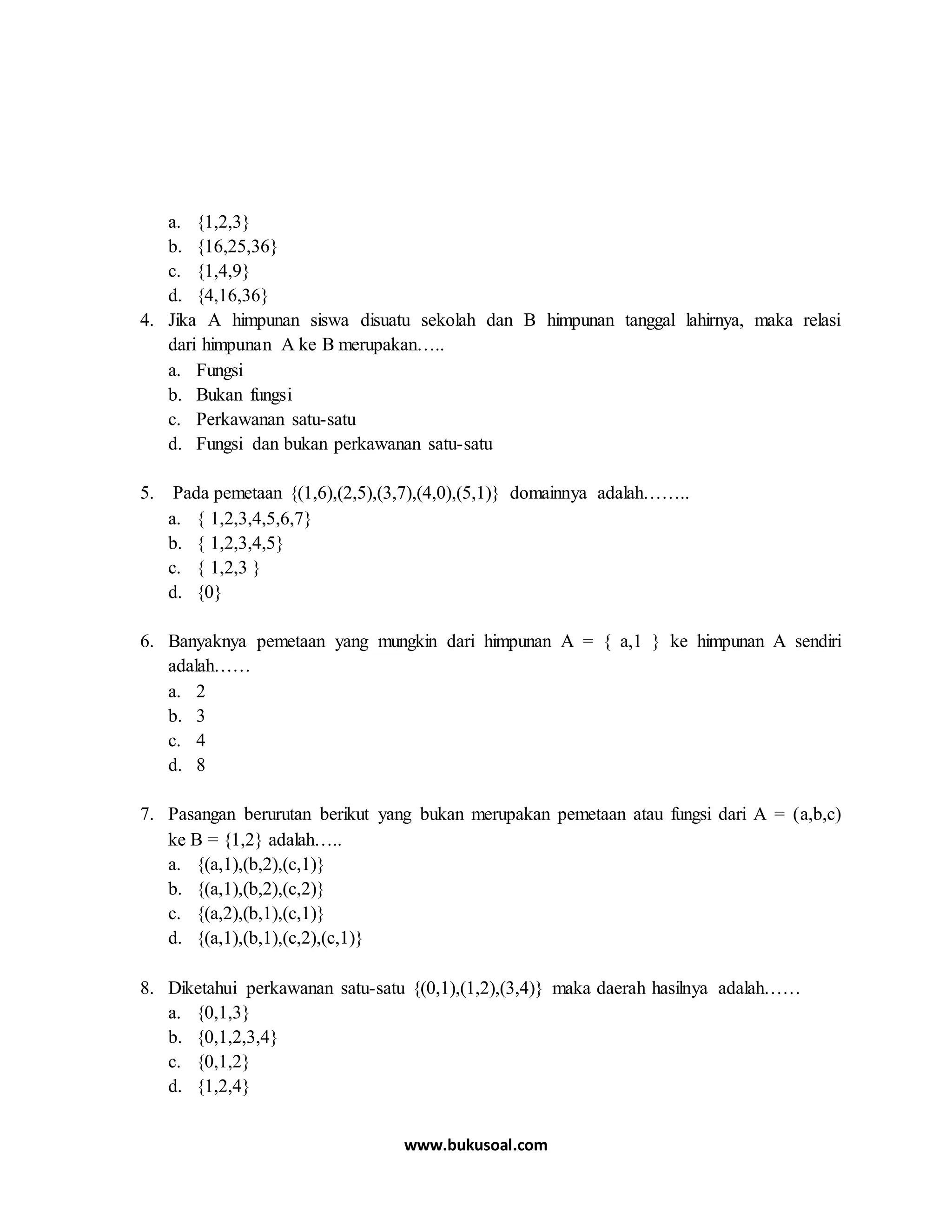 contoh soal latihan matematika relasi dan fungsi kelas 8 smp | DOCX